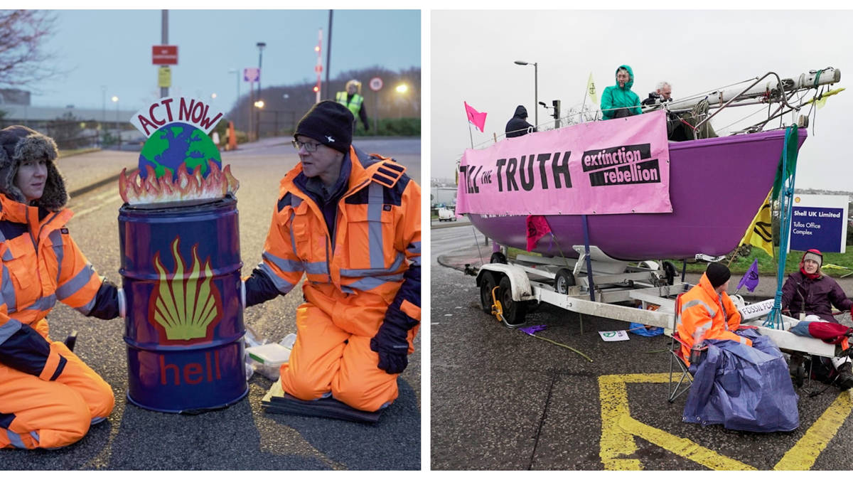 Extinction Rebellion activists blockade Shell HQ with huge purple boat ... Extinction Rebellion activists blockade Shell HQ with huge purple boat ...