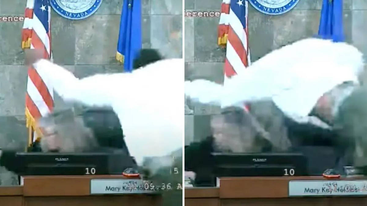 Shocking moment defendant hurls himself over courtroom bench to attack ... Shocking moment defendant hurls himself over courtroom bench to attack ...